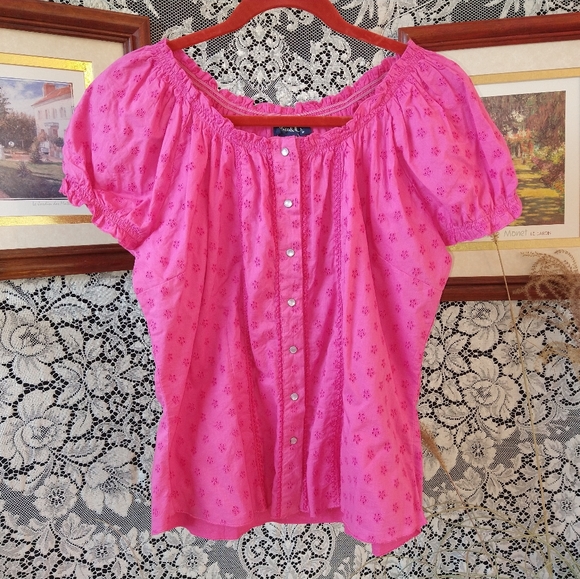 Denim&Co | Tops | Denimco Ultra Hot Pink Eyelet Blouse Ruffled Neckline ...